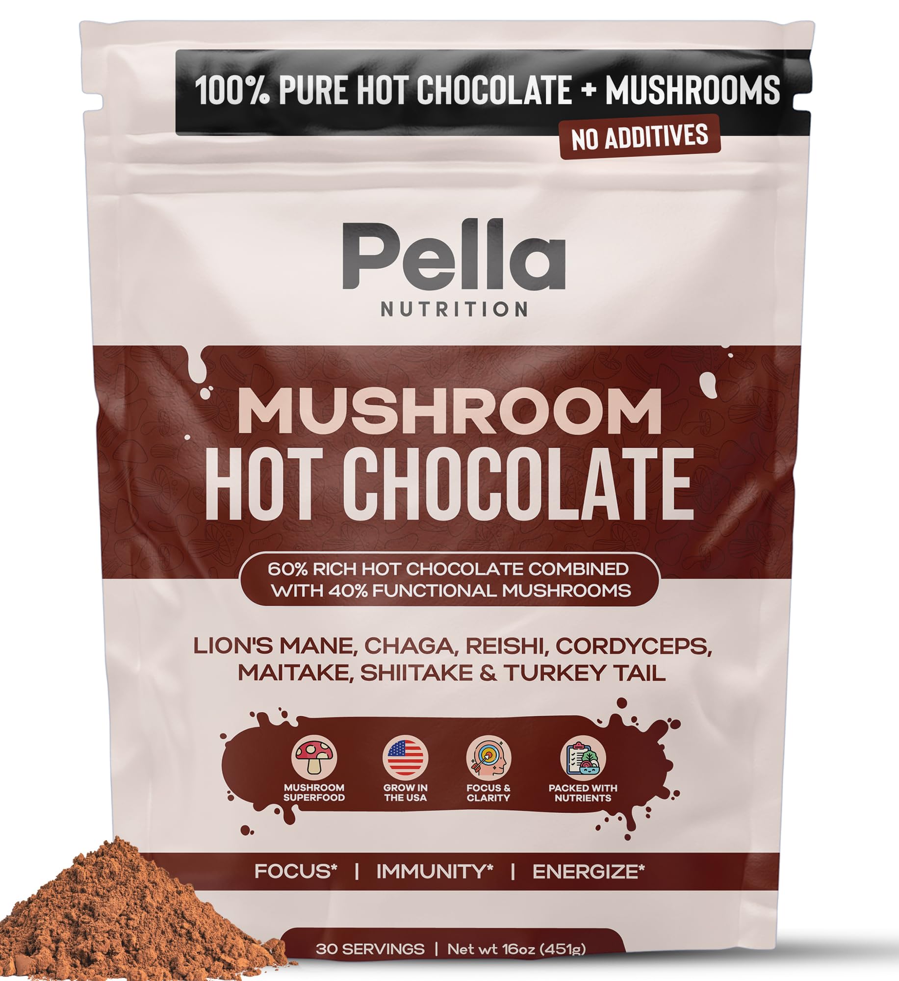 Pella Organic Mushroom Hot Chocolate Blend (30 Servings) with 7 Superf ...
