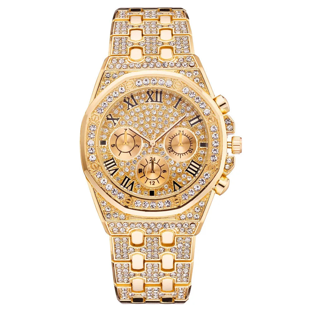 Men Iced Out Watches Luxury Full Diamond Gold Stainless Steel Quartz W ...