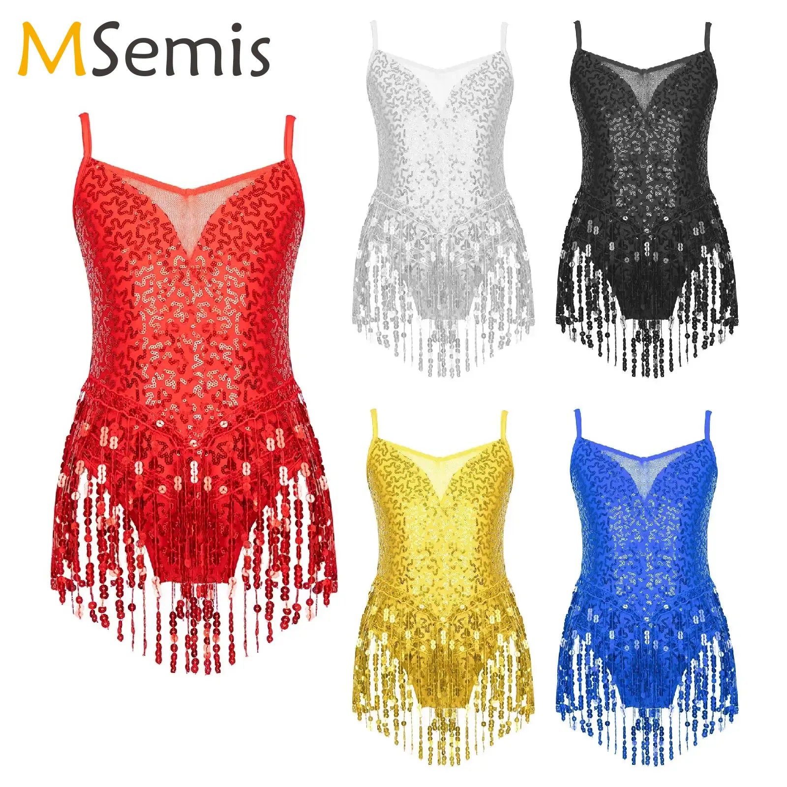 Latin Jazz Dance Dress Gym Kids Girls Shiny Sequins Tassel Fringe Mesh ...