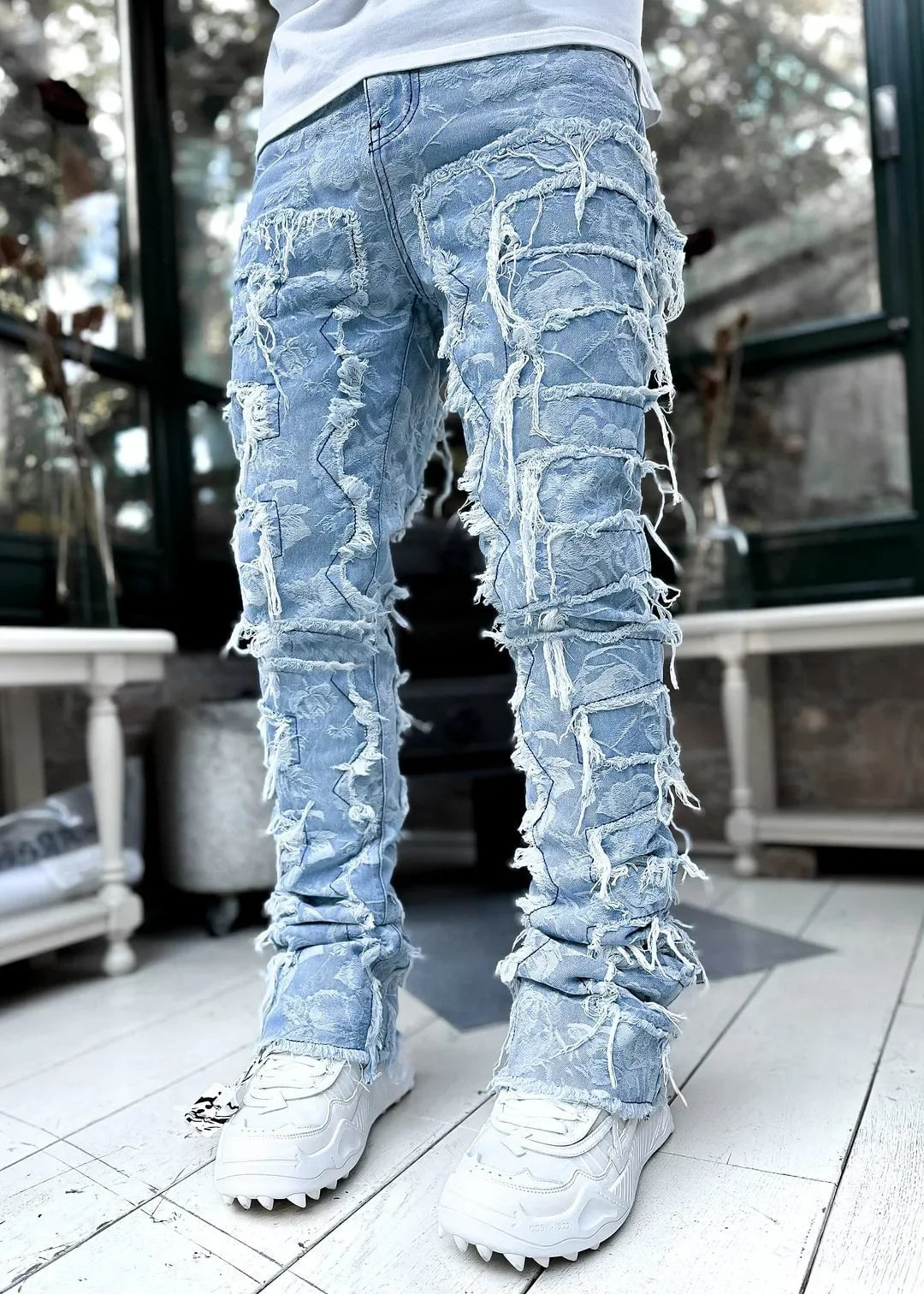 Men's Regular Fit Stacked Jeans Ripped Slim Fit Patch Distressed Destr ...