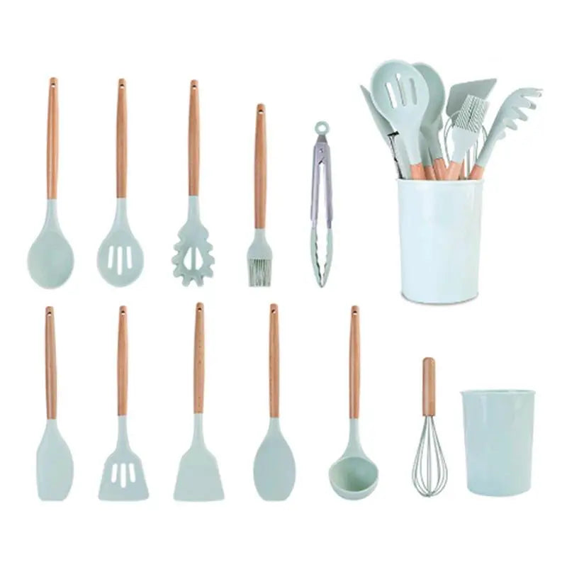 Silicone Kitchen Utensils Set Non-Stick Cookware For Kitchen Wooden Ha ...