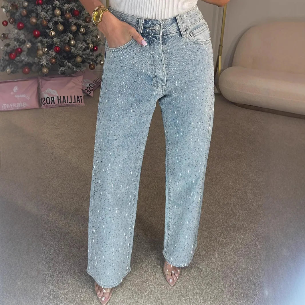Straight Jeans for Women Diamonds Pants Stretch High Waist Washed Dist ...
