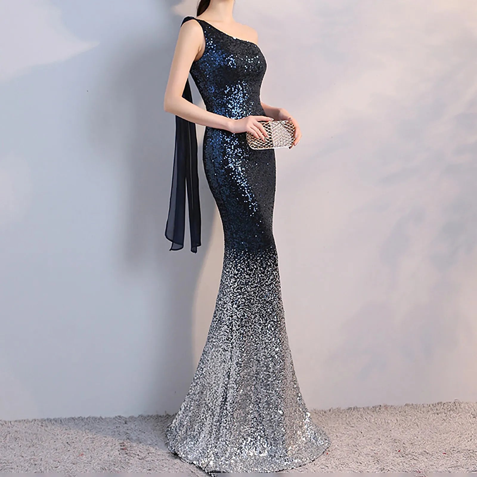 One Shoulder Prom Ladies Fishtail Dress Gradient Sequin Long Evening G ...