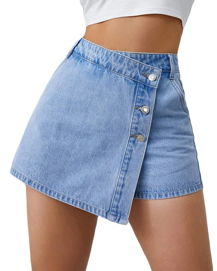 Women's Denim Shorts High Waisted Asymmetric Button Detailing Ideal fo ...