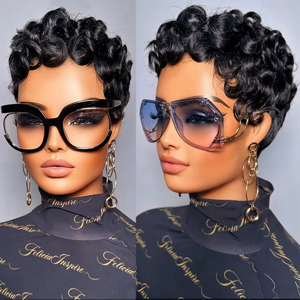 #1B Black Short Curly Pixie Cut Wigs For Women Curly Wig Brazilian Rem ...
