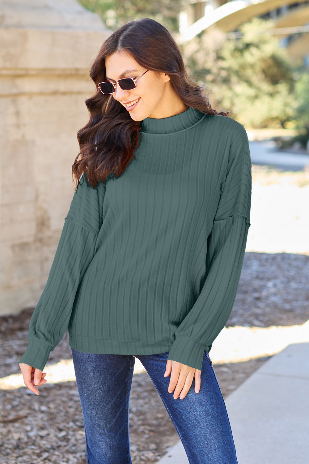 Basic Bae Full Size Ribbed Exposed Seam Mock Neck Knit Top – Mega Mart ...