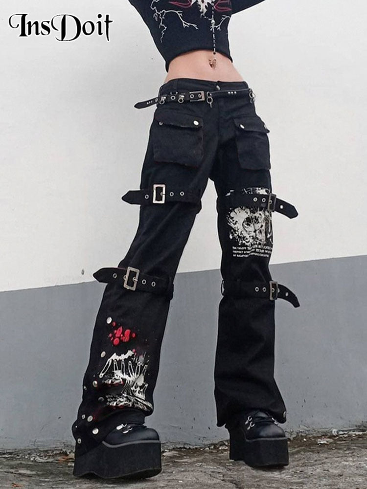 InsDoit Y2K Black Punk Skull Print Mall Goth Jeans Woman Eyelet Buckle ...