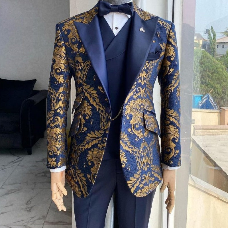 Jacquard Floral Tuxedo Suits for Men Wedding Slim Fit Navy Blue and Go ...